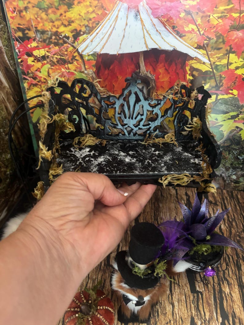 Miniature Fox Fairy Garden Scene: Gothic Bench, Jeweled Pumpkin - Etsy