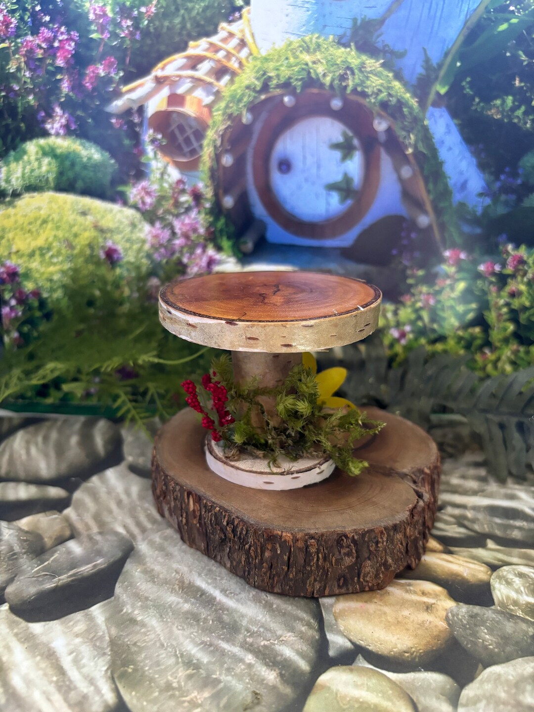 Miniature Birch Top Fairy Table With a Yellow Flower and Red Berries - Etsy