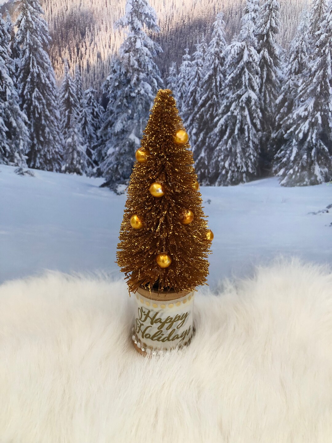 Golden Bottle Brush Christmas Tree Set in Happy Holidays - Etsy