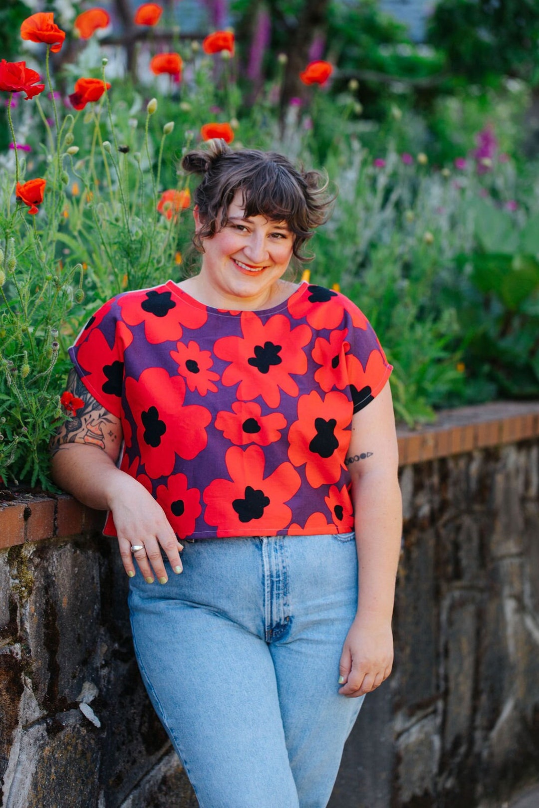 Handmsde Top Boxy Fit Cotton Linen Top Modern Big Red Flowers Japanese ...