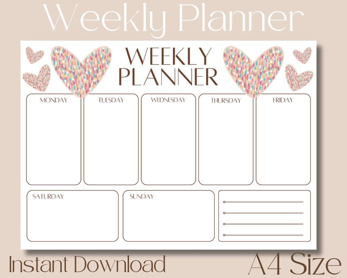 Weekly Planner Printable Landscape, Minimalist Heart Weekly Schedule ...
