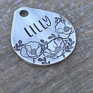 Hand Stamped Pet ID Tag Poppy Tear Drop Floral Dog Collar | Etsy