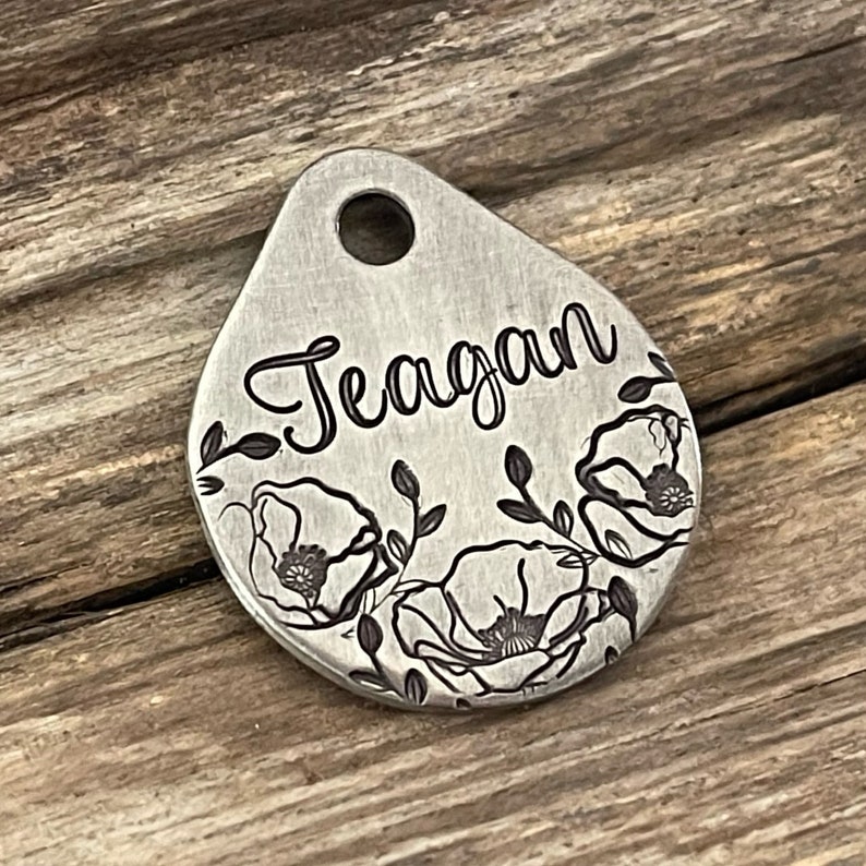 Hand Stamped Pet ID Tag, Poppy Tear Drop, Floral Dog Collar Tag ...