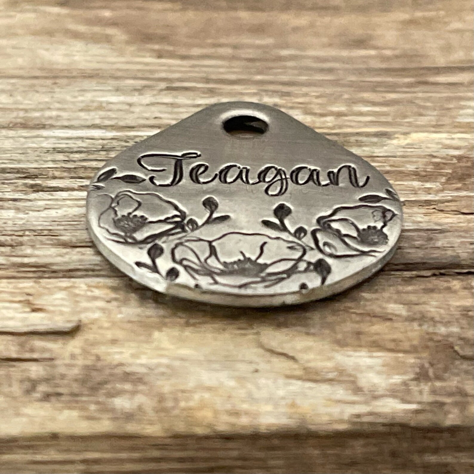 Hand Stamped Pet ID Tag, Poppy Tear Drop, Floral Dog Collar Tag ...