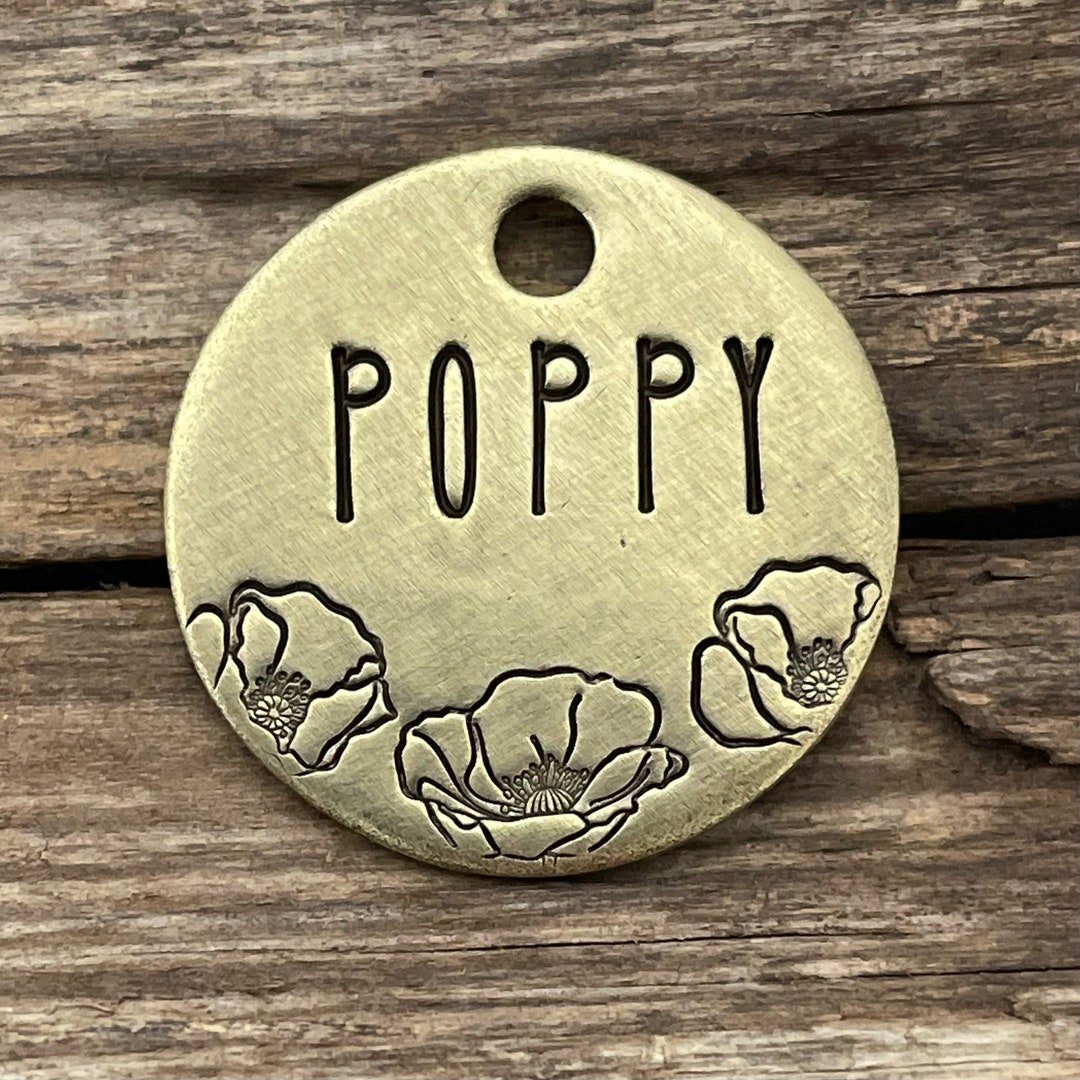 Dog Tag for Dogs, Simply Poppies, Hand Stamped Pet ID Tag, Floral Pet ...