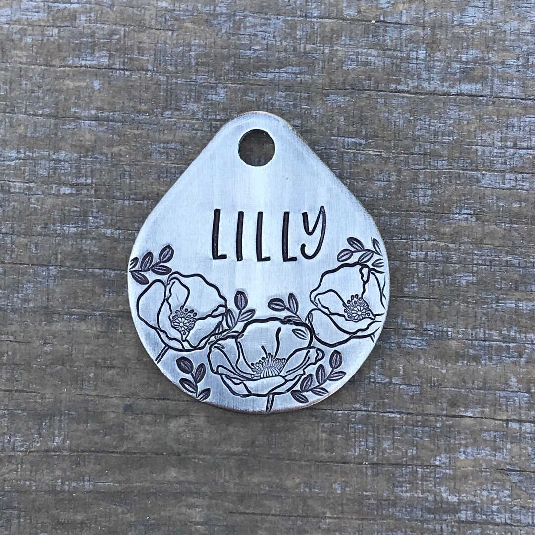 Hand Stamped Pet ID Tag Poppy Tear Drop Floral Dog Collar - Etsy