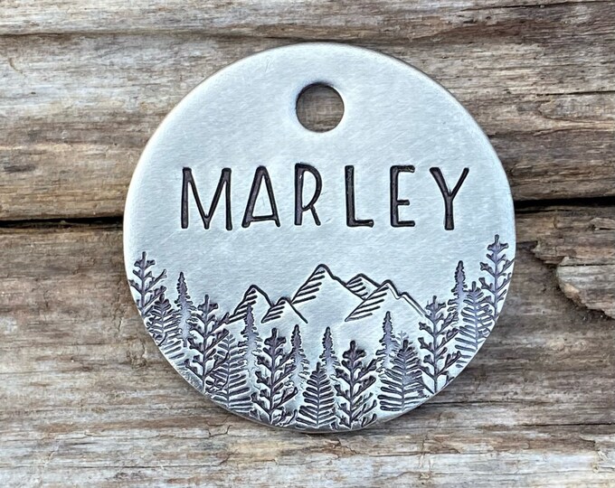 Pet ID Tag, Mountain Trees Dog Tag, Dog Collar Tag, Pet Name Tag, Hand ...