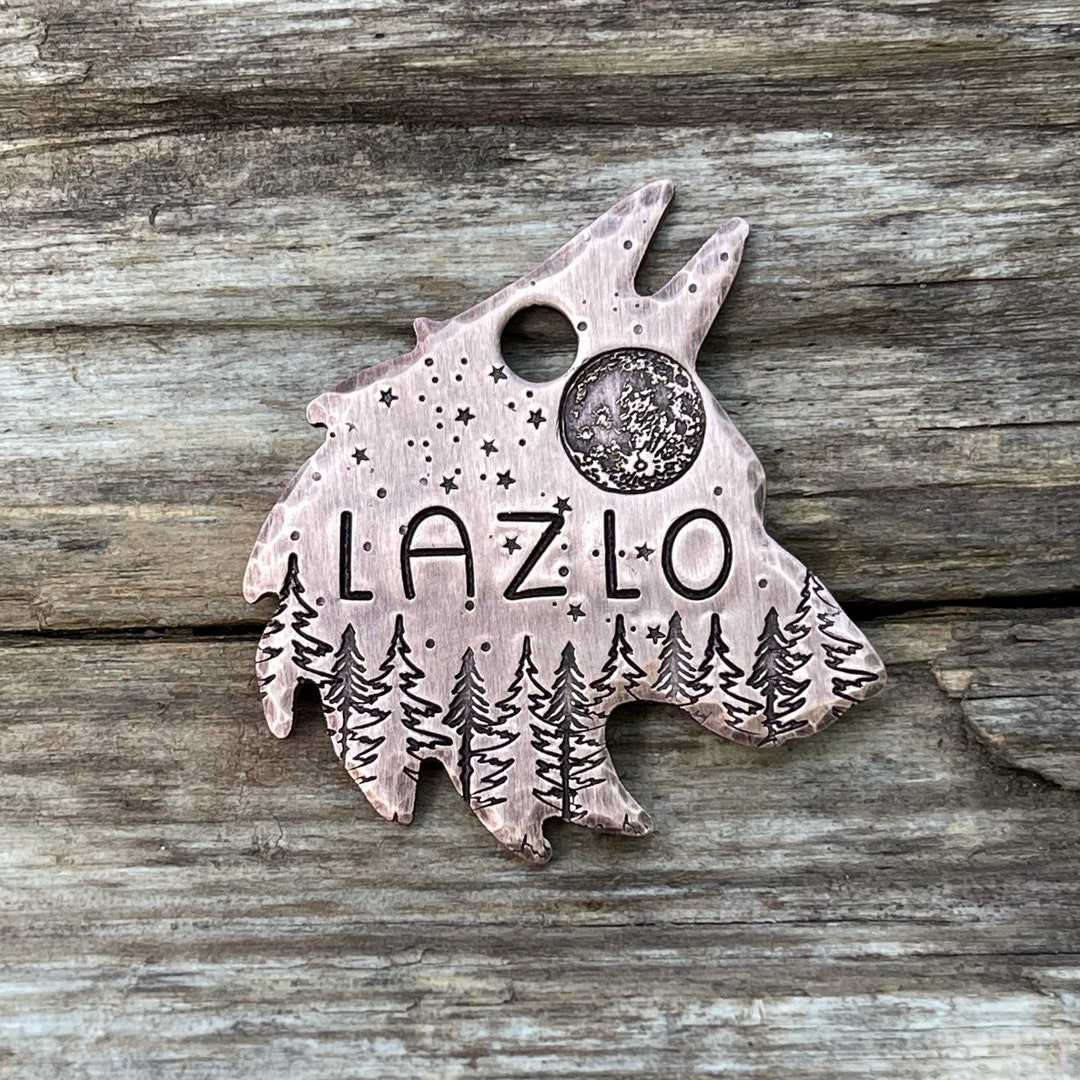 Wolf Dog Tag, Dog Tag for Dogs, Hand Stamped, Dog Tag, Mountain, Trees ...