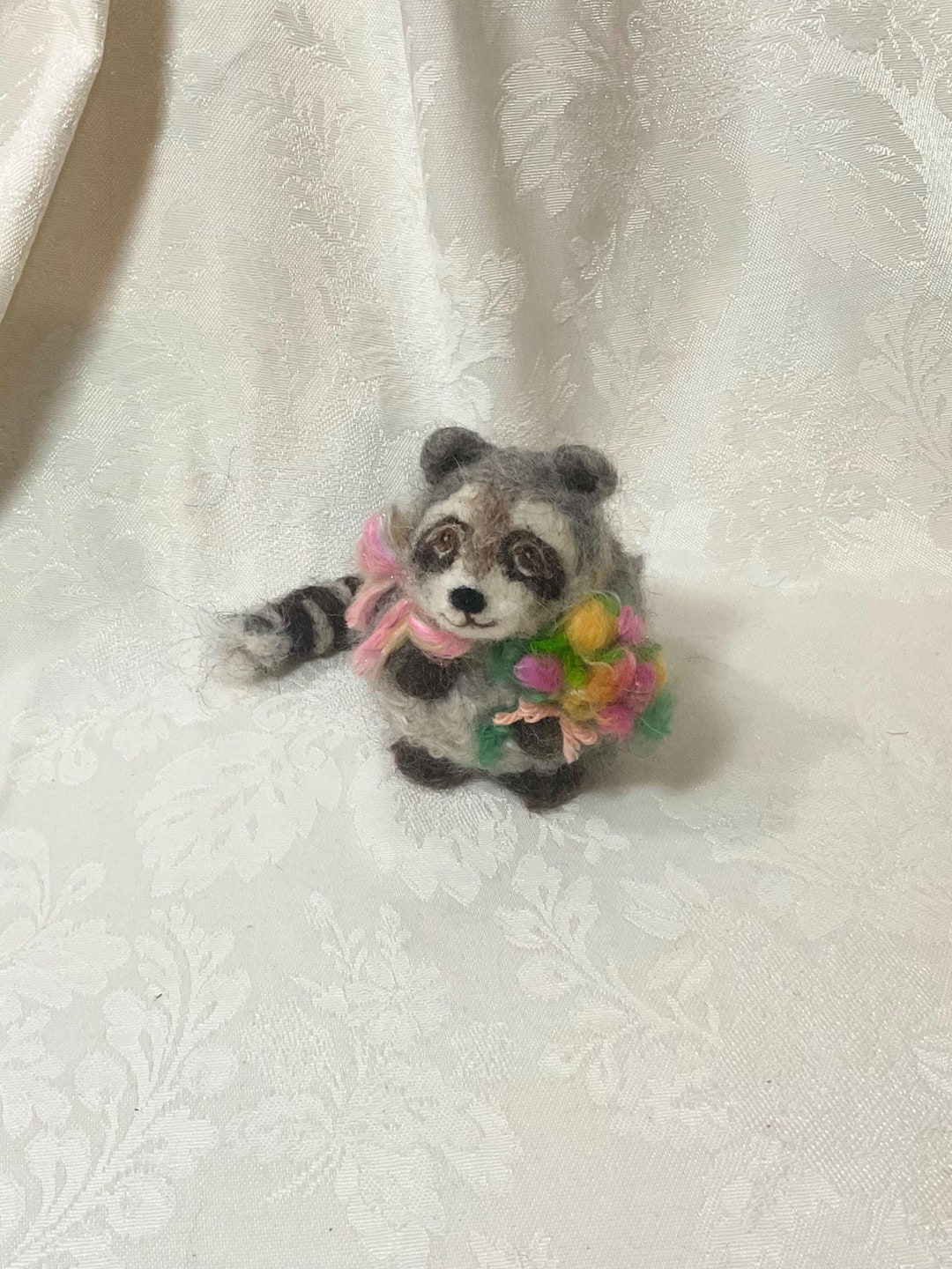 4 Raccoon With Flower Bouquet, Needle Felted Wool, Natural Gray and ...
