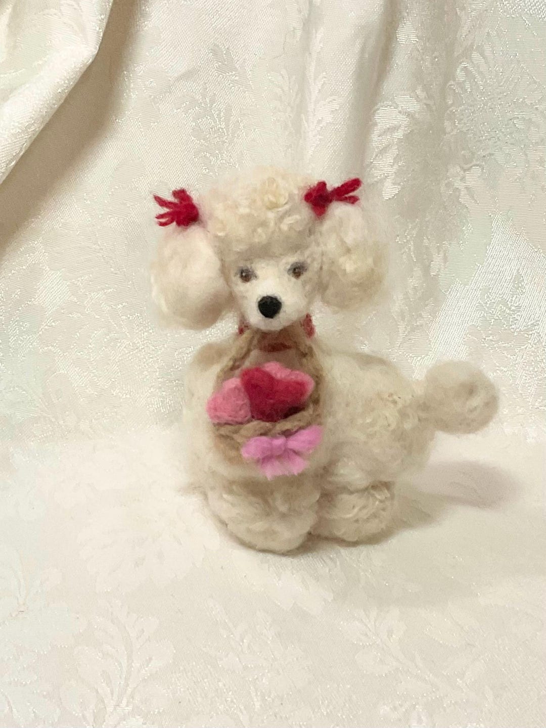 6" Needle Felted Poodle With Basket of Hearts by Elsa Jo Ellison ...