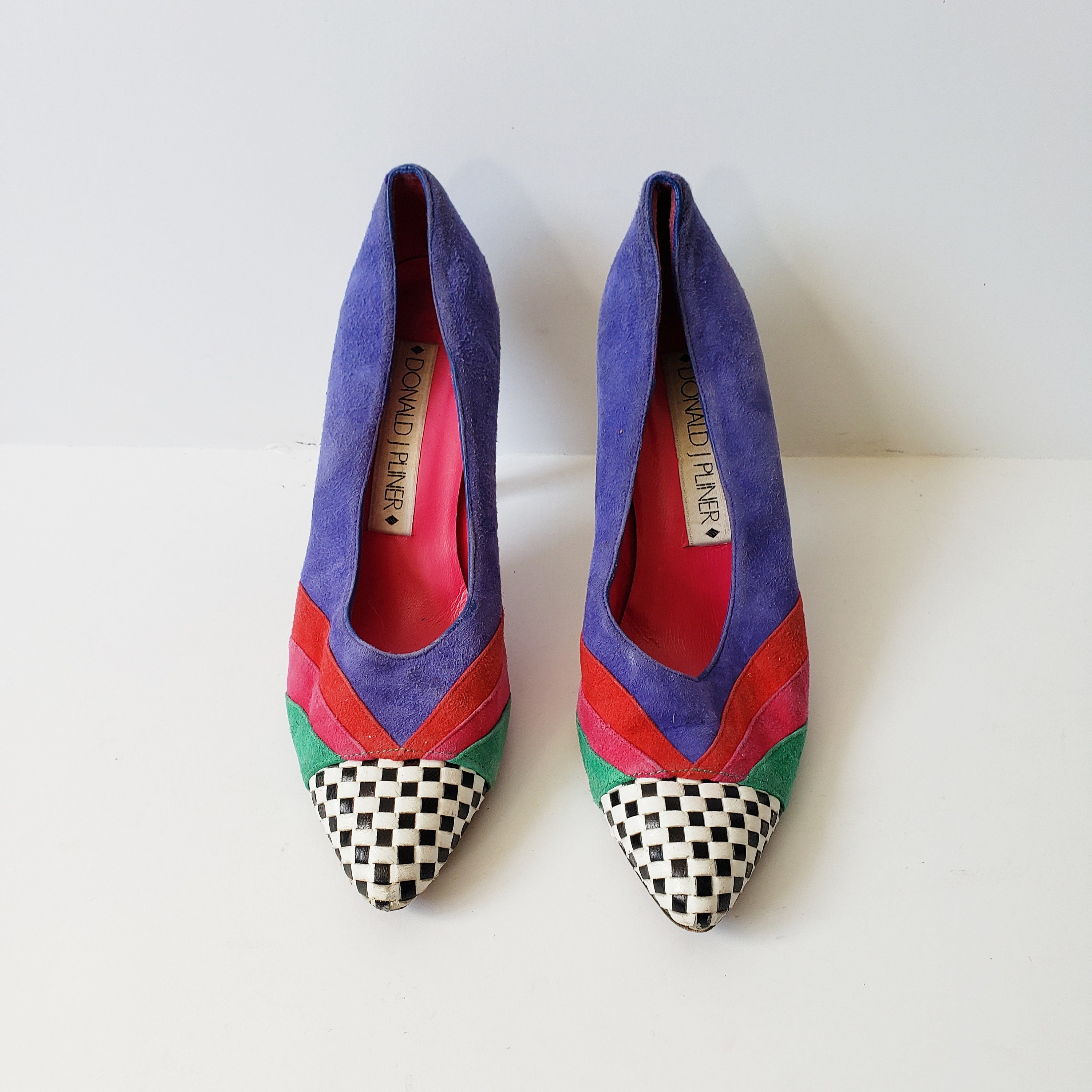 1980s Bright Multi-color Leather CHECKERBOARD Donald J Pilner Pumps ...