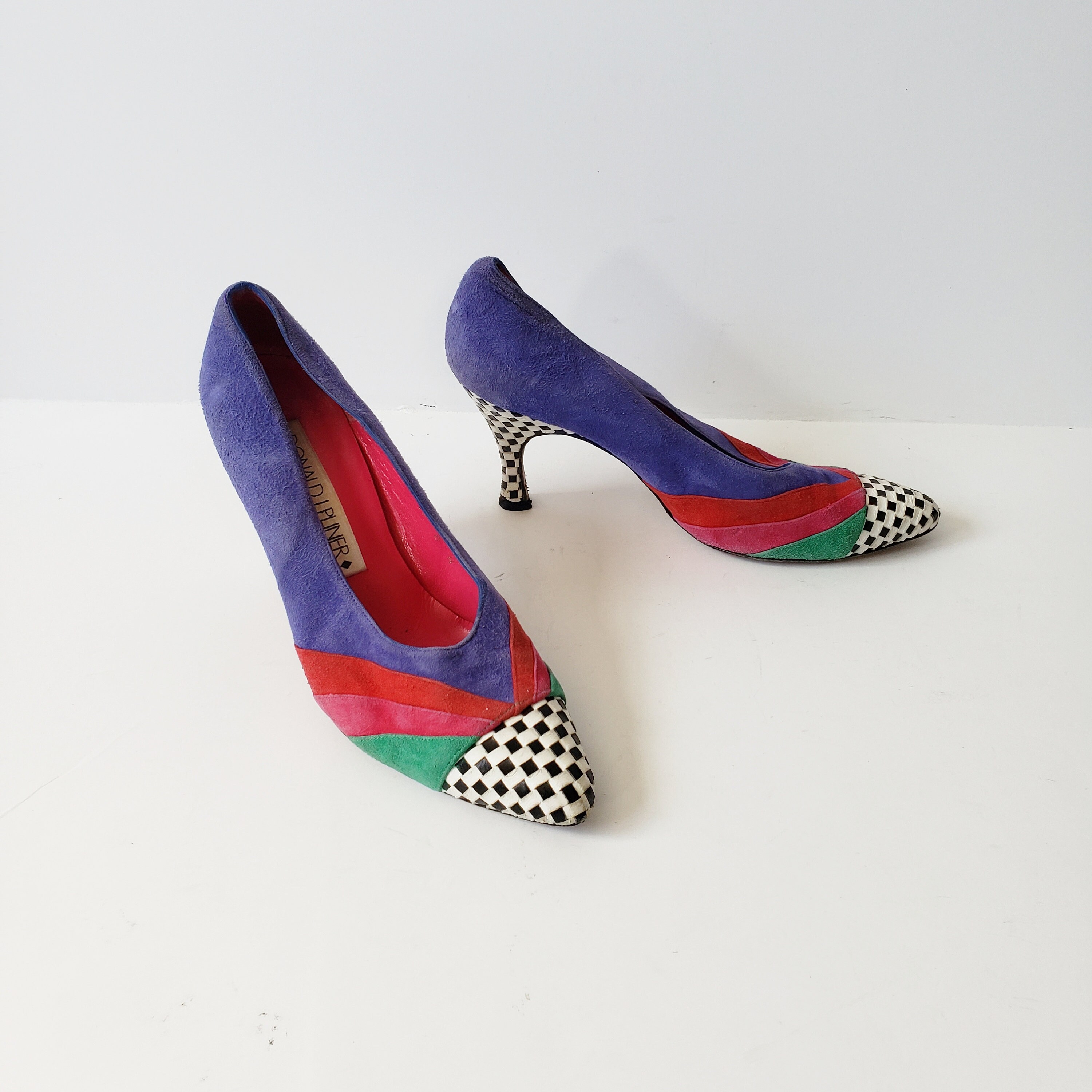 1980s Bright Multi-color Leather CHECKERBOARD Donald J Pilner Pumps ...