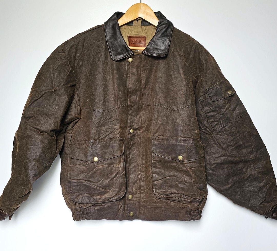 Dark Brown WAX Canvas LEATHER Collar 1980s KOOLAH Bomber Oilskin Jacket ...