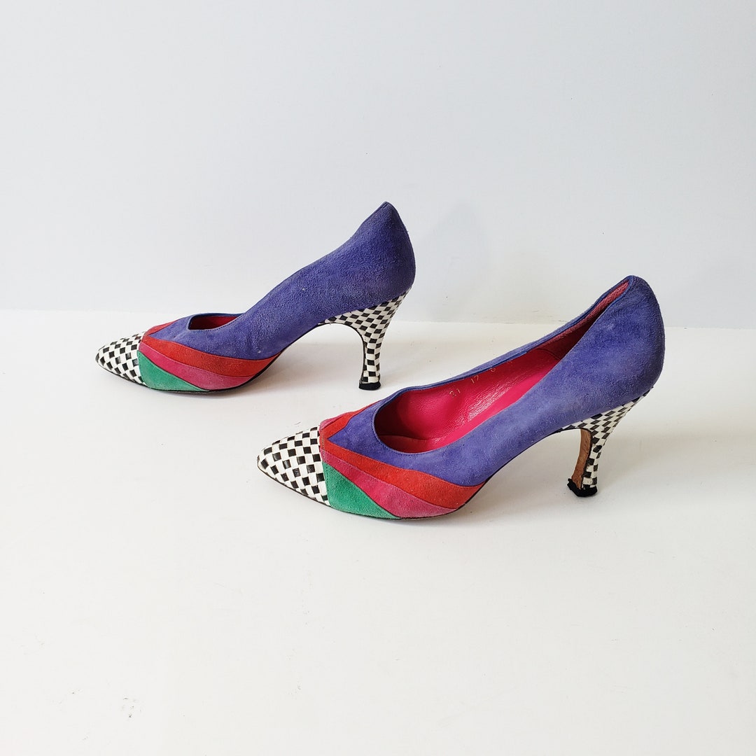 1980s Bright Multi-color Leather CHECKERBOARD Donald J Pilner Pumps ...