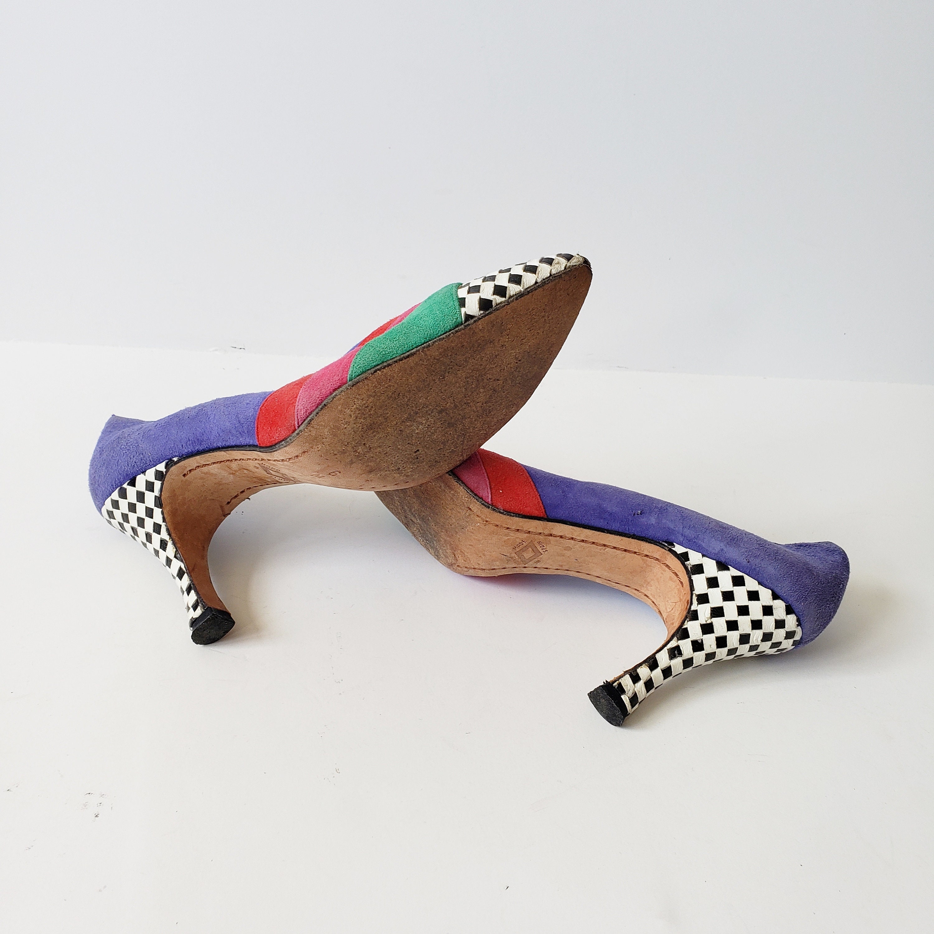 1980s Bright Multi-color Leather CHECKERBOARD Donald J Pilner Pumps ...