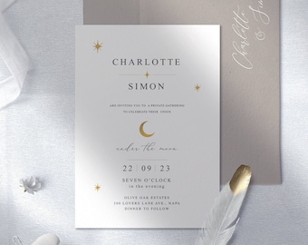 Minimalist Celestial Invite, Under the Moon, Gold Stars and Moon ...