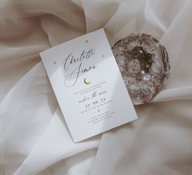 Minimalist Celestial Invite, Under the Moon, Gold Stars and Moon ...