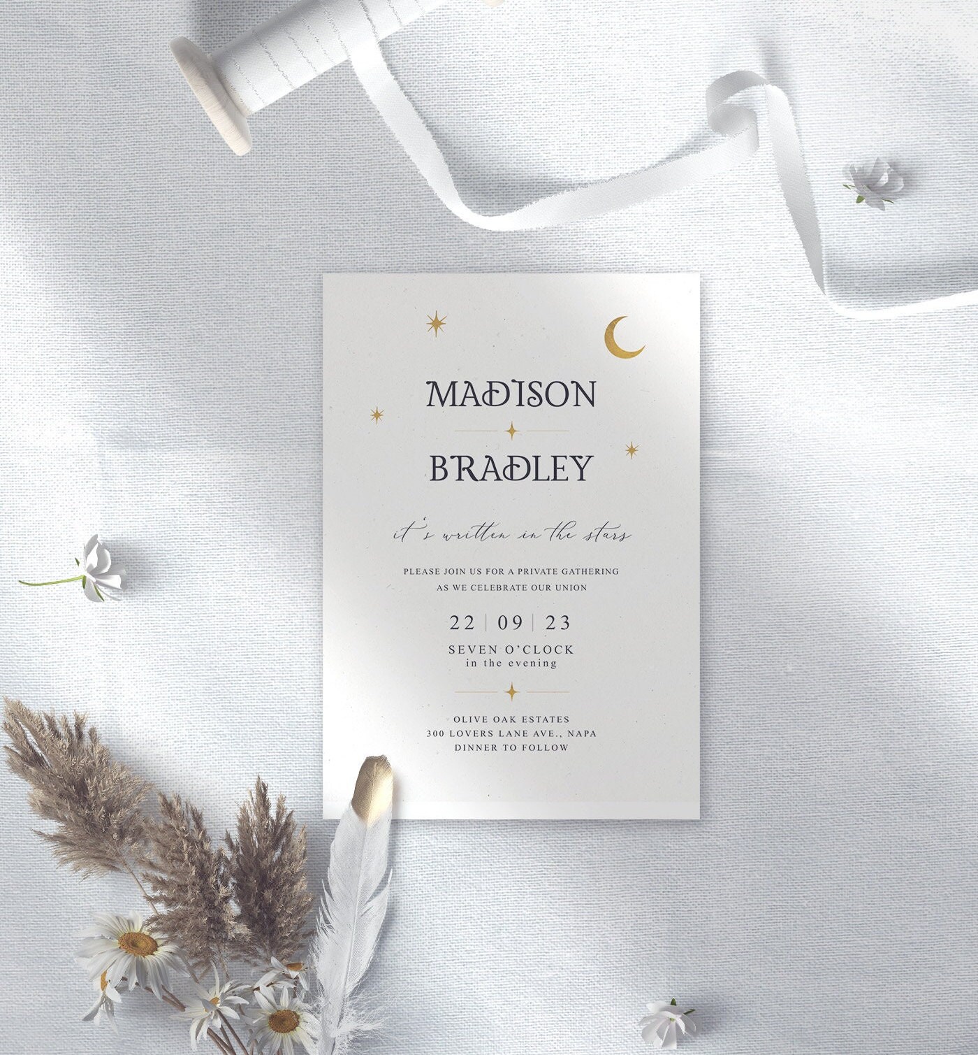 Minimalist Celestial Invite, Under the Stars, Gold Stars and Moon ...