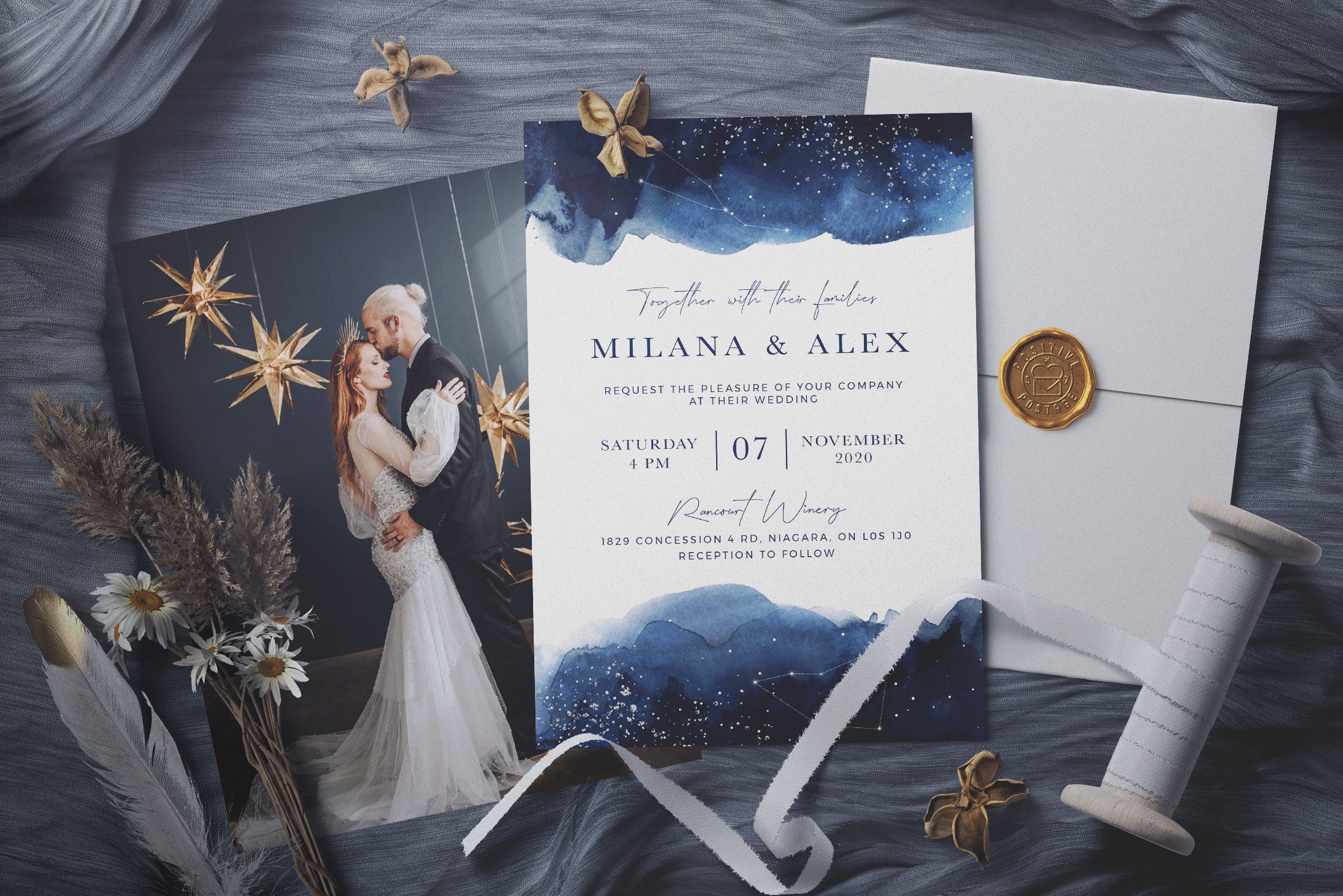 Celestial Invitation Suite, Blue Watercolor Invitation, Starry Night ...