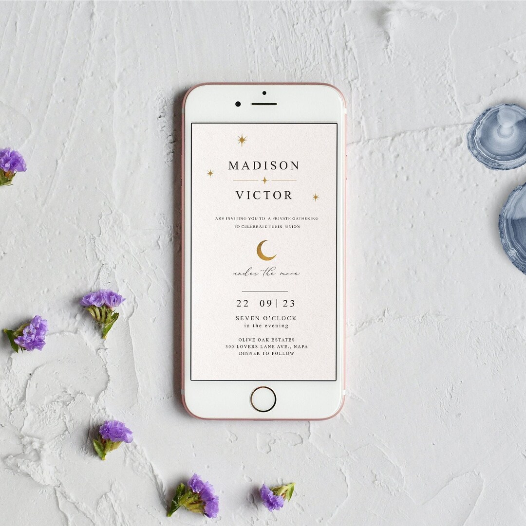 Minimalist Celestial Invite, Under the Moon, Gold Stars and Moon ...