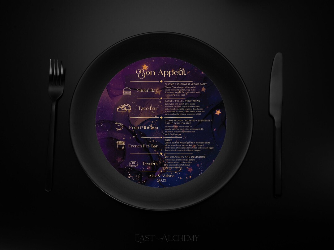 Round Starry Night Menu, Buffet Style Menu, Purple Sky Menu, Celestial ...