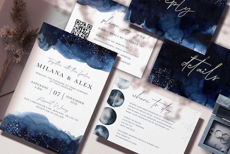 Celestial Invitation Suite, Blue Watercolor Invitation, Starry Night ...