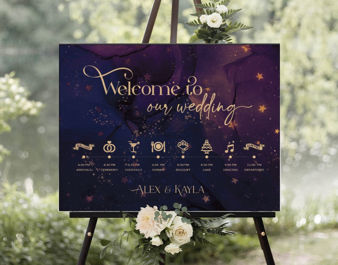 Purple Welcome Itinerary Sign, Starry Night Welcome, Purple Wedding ...