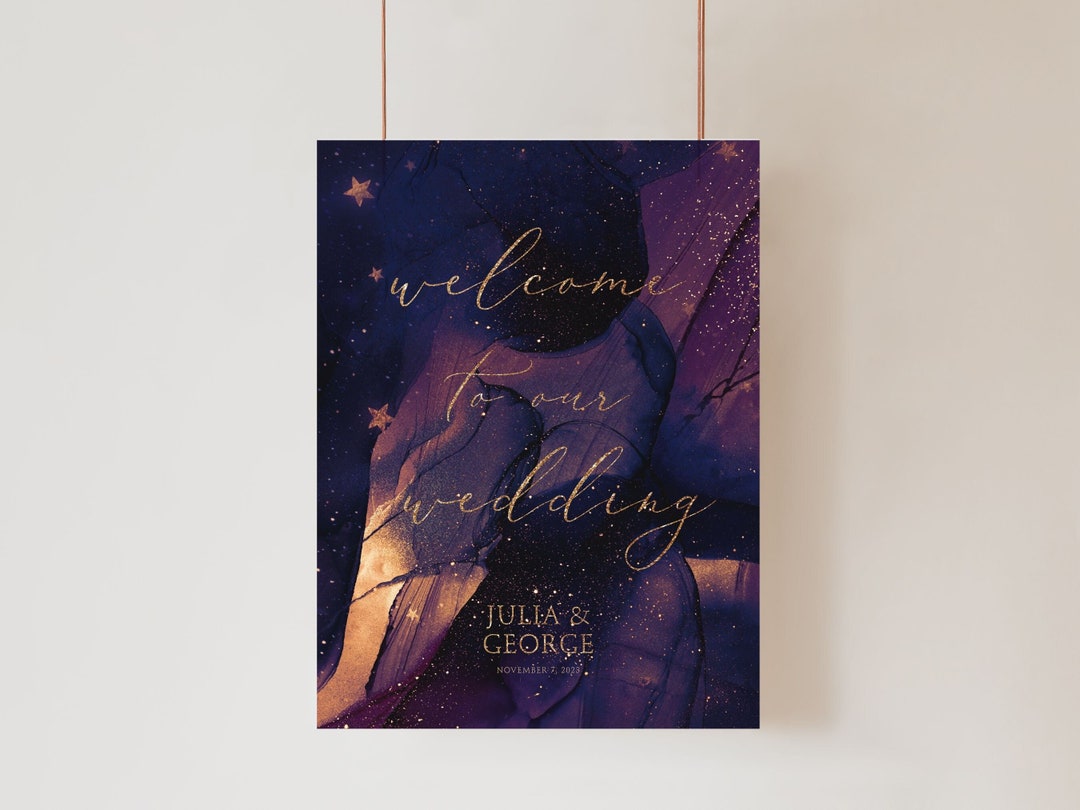 Abstract Galaxy Welcome Sign, Wedding Signs, Deep Purple Watercolor and ...