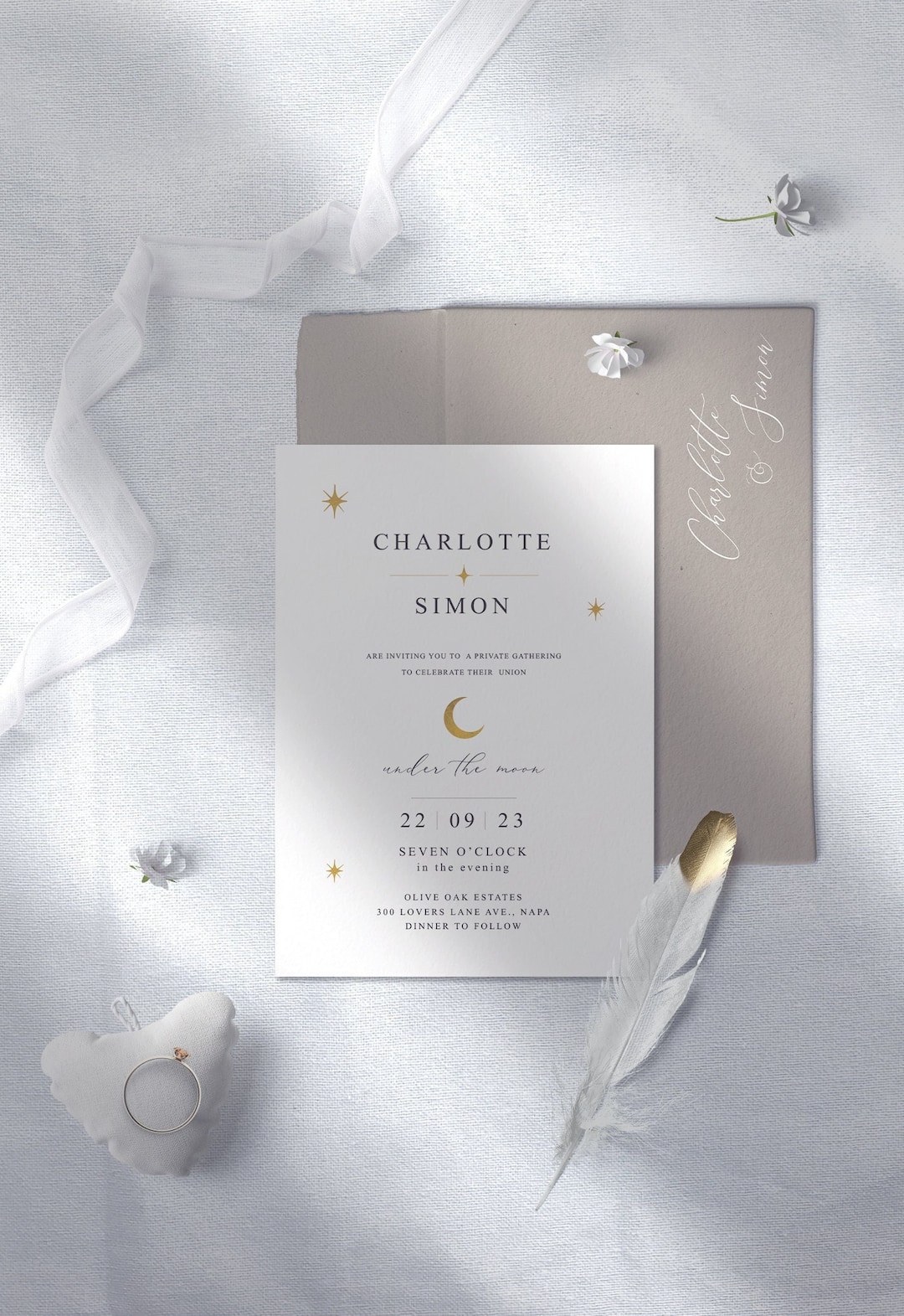 Minimalist Celestial Invite, Under the Moon, Gold Stars and Moon ...