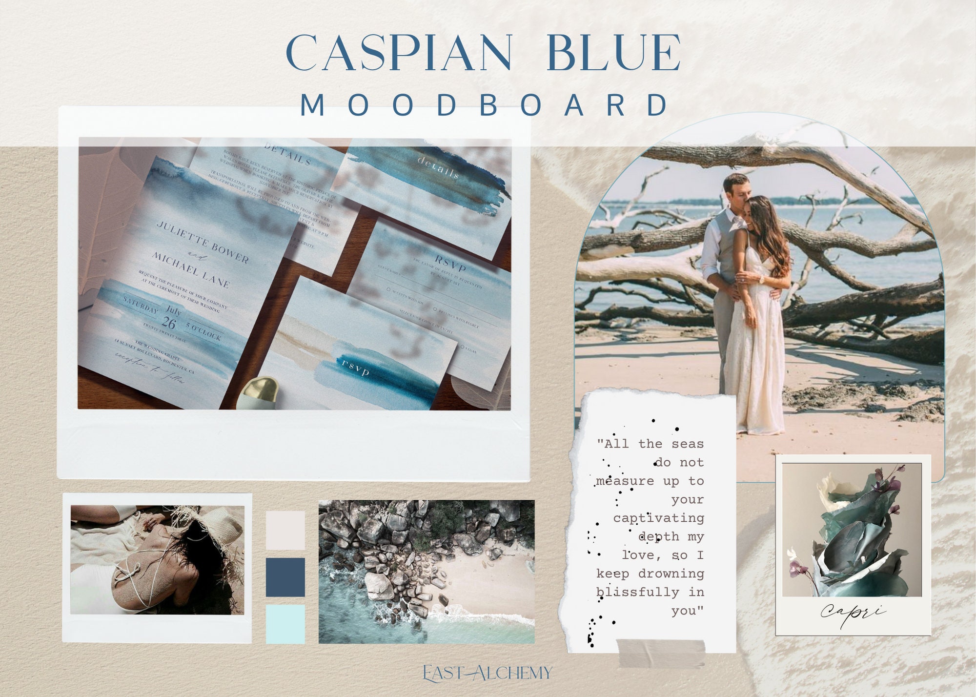 Caspian Wedding Invitation, Ocean Blue Invitation, Blue Watercolor ...