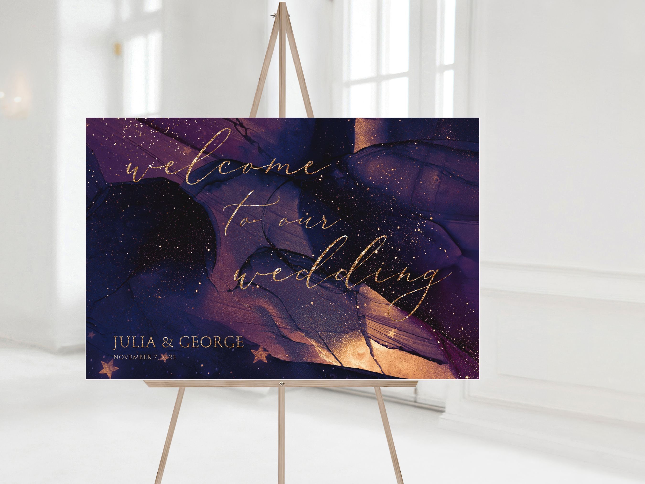 Abstract Galaxy Welcome Sign, Wedding Signs, Deep Purple Watercolor and ...