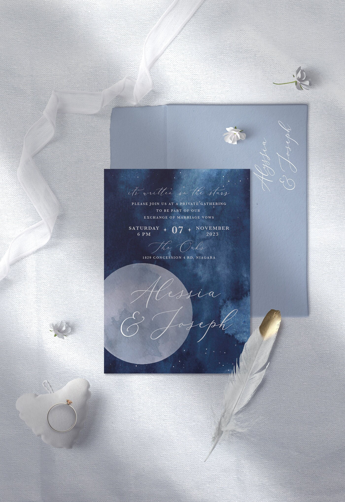 Celestial Invitation Blue Watercolor Full Moon Invitation - Etsy