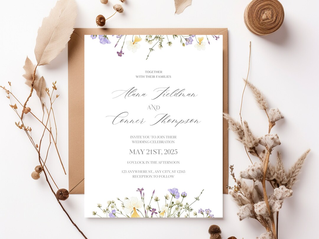 Wildflower Wedding Invitation, Spring Flowers Wedding Invite, Minimal ...