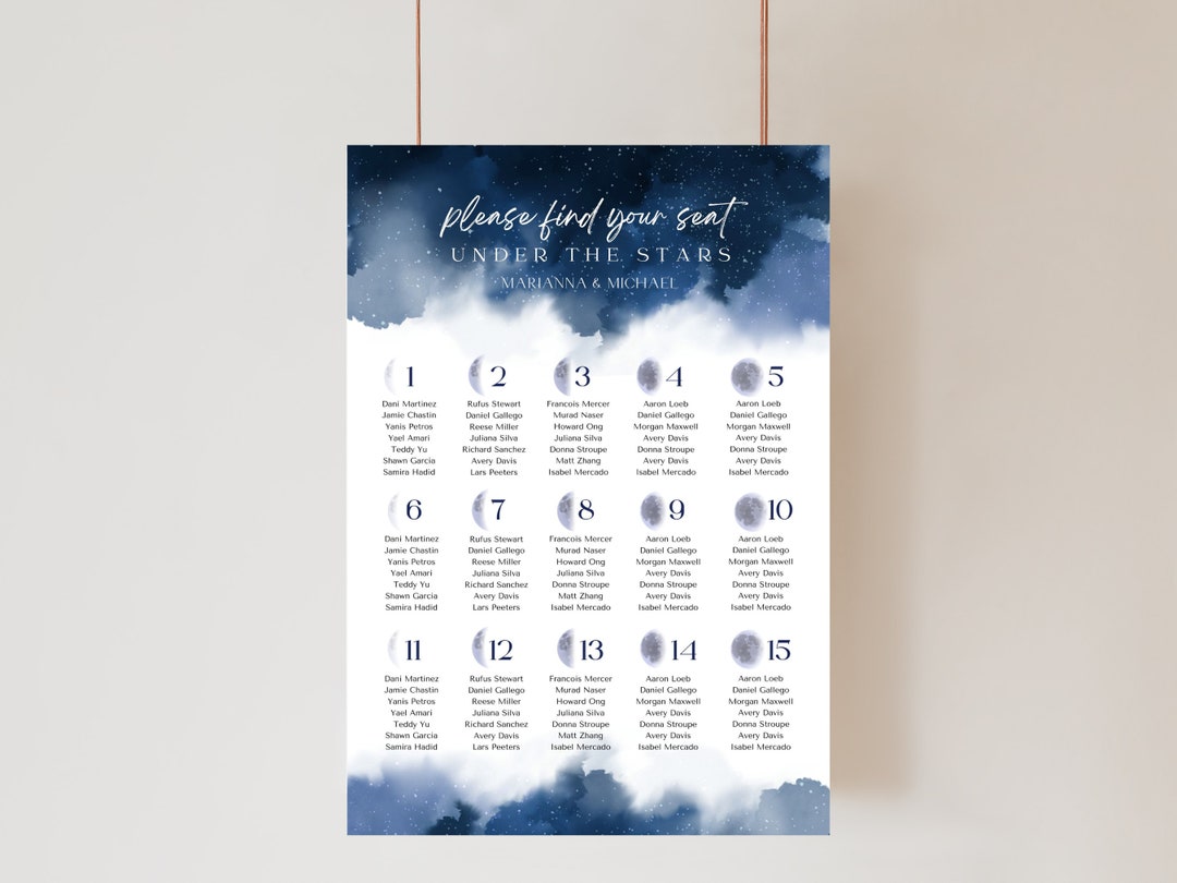 Starry Night Seating Chart, Blue Watercolor Night Sky, Starry Galaxy ...