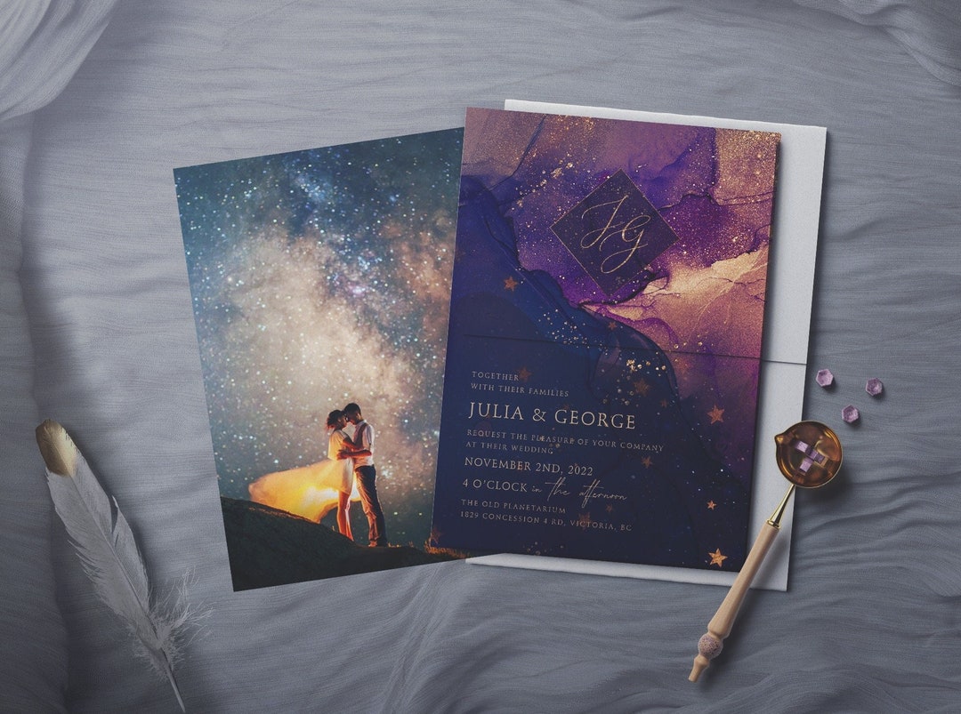 Abstract Galaxy Invitation, Deep Purple Watercolor and Gold, Starry ...