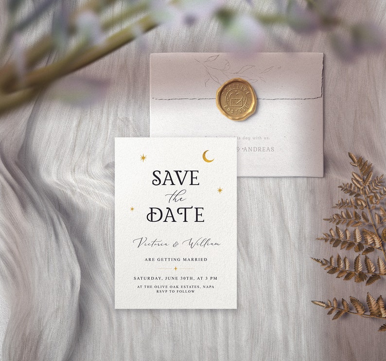 Minimal Celestial Save the Date, Under the Stars, Gold Stars and Moon ...