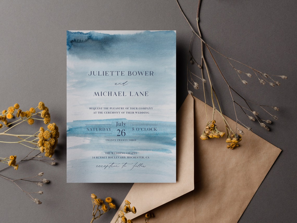 Caspian Wedding Invitation, Ocean Blue Invitation, Blue Watercolor ...
