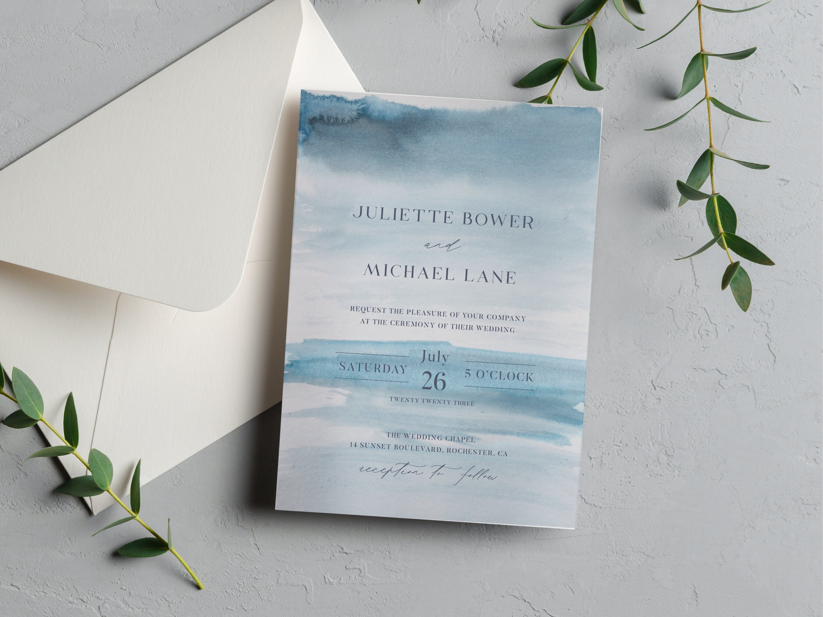 Caspian Wedding Invitation, Ocean Blue Invitation, Blue Watercolor ...