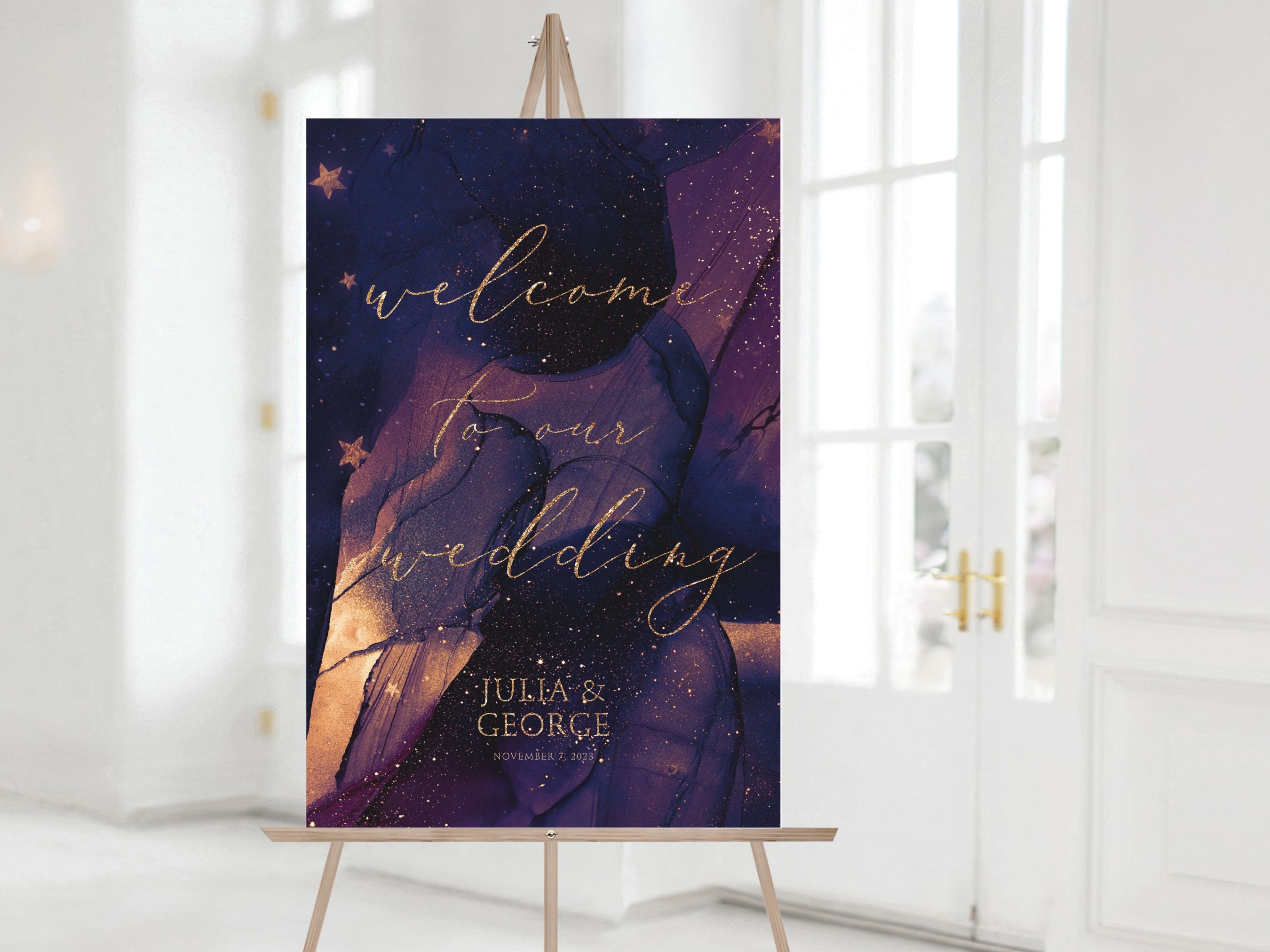 Abstract Galaxy Welcome Sign, Wedding Signs, Deep Purple Watercolor and ...