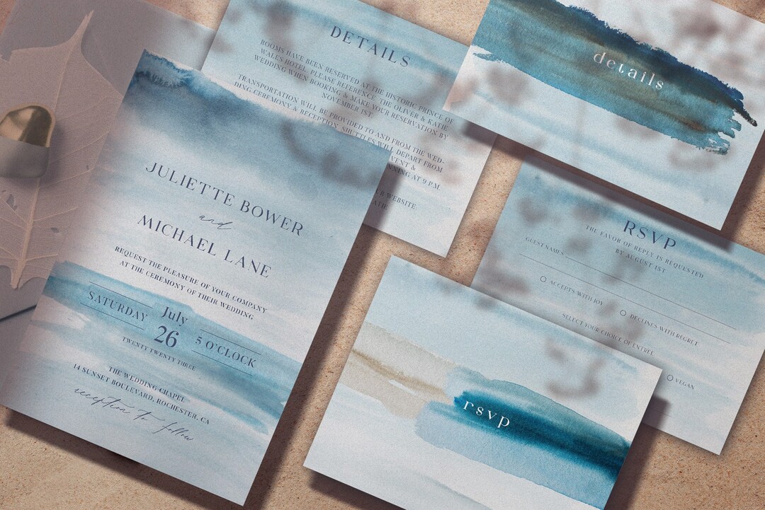 Caspian Wedding Suite, Modern Coastal Wedding Invitation, Ocean Blue ...
