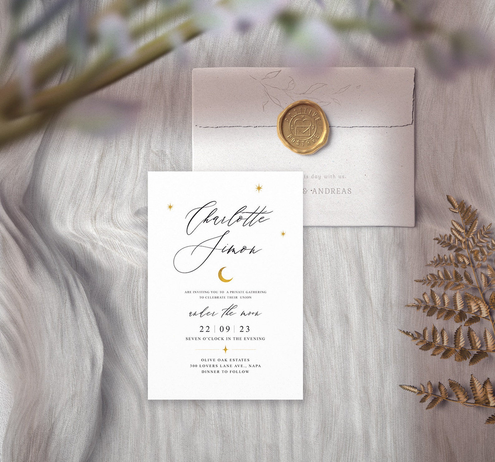 Minimalist Celestial Invite, Under the Moon, Gold Stars and Moon ...