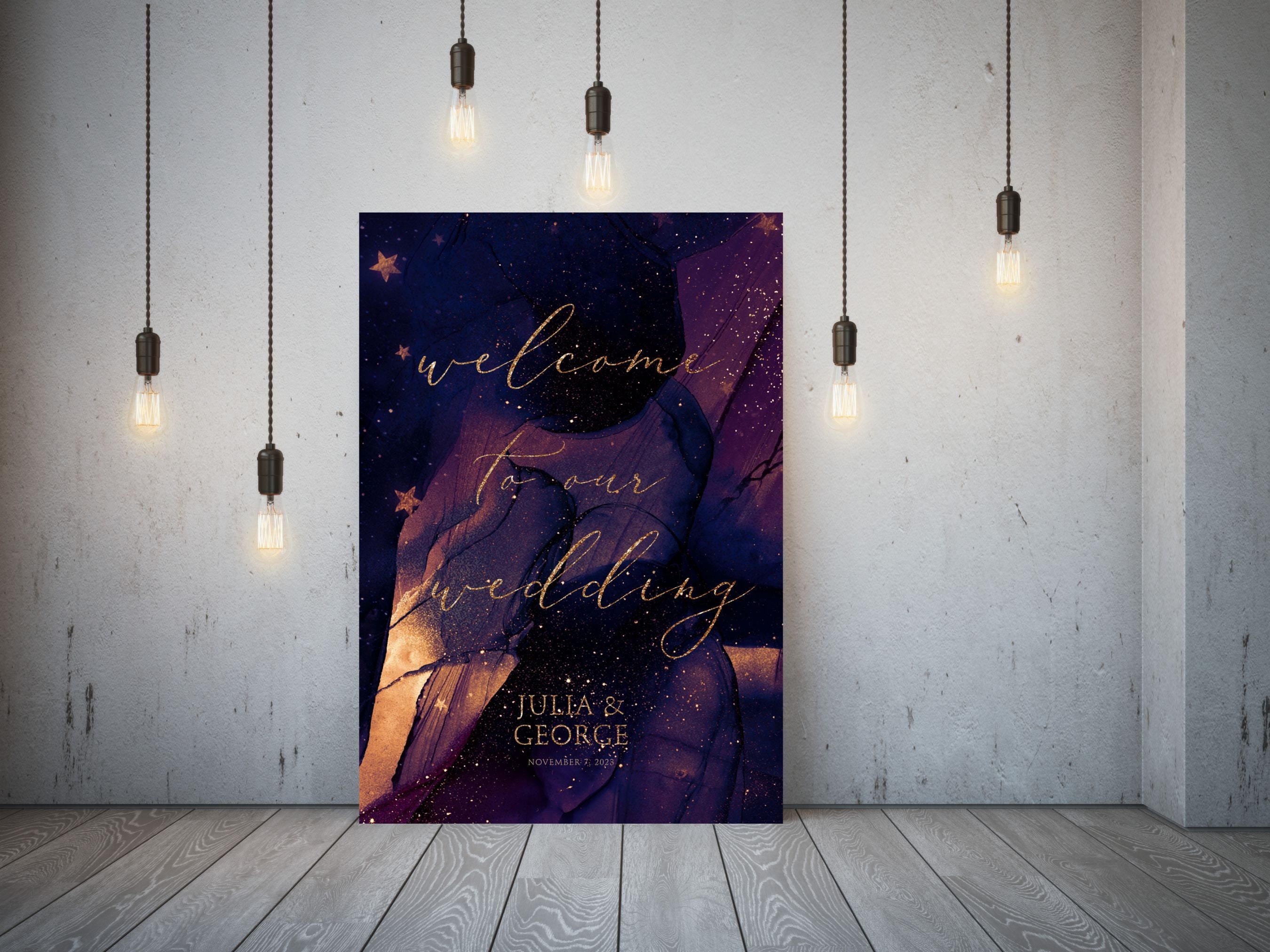 Abstract Galaxy Welcome Sign, Wedding Signs, Deep Purple Watercolor and ...