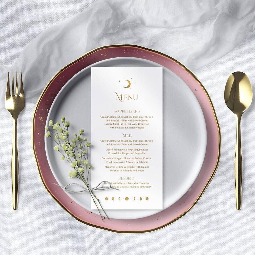 Minimal Celestial Menu, White & Gold Menu, Moon and Stars Wedding, Boho ...