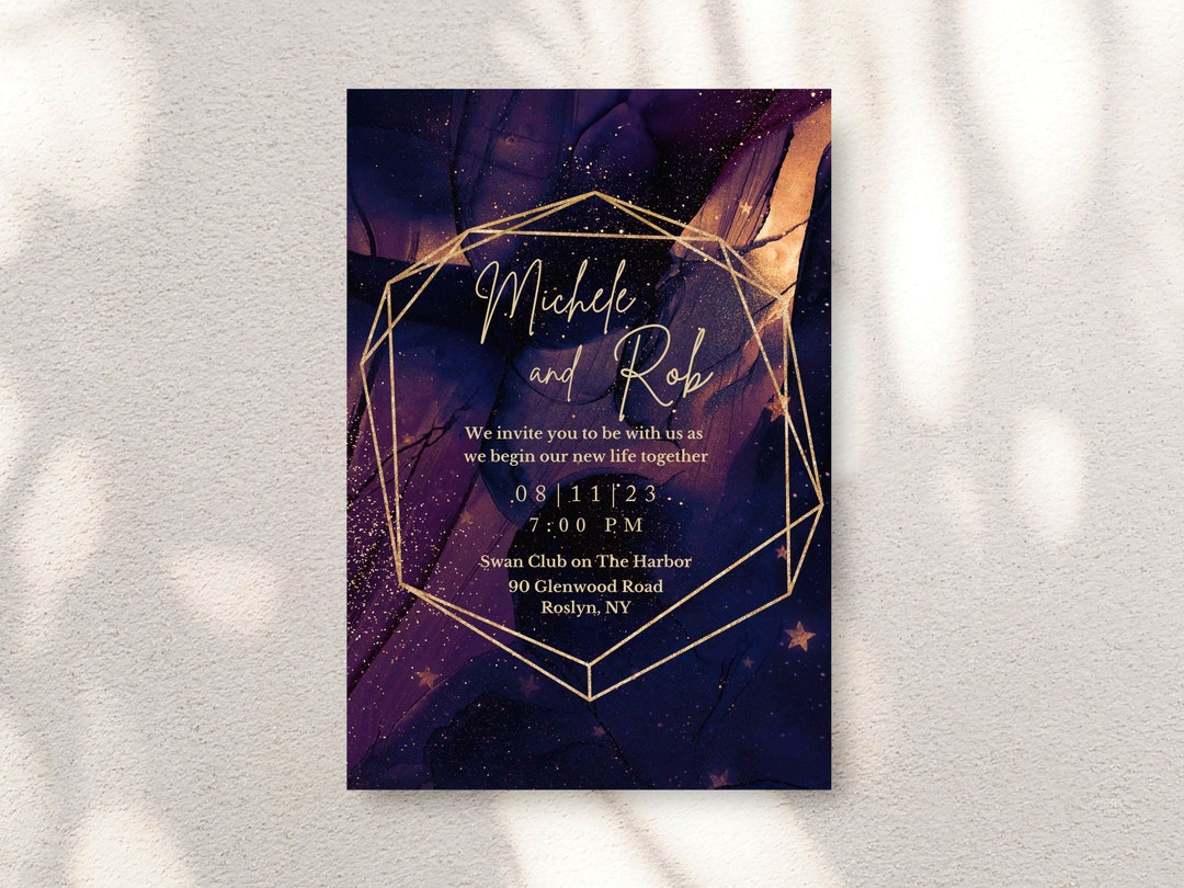 Abstract Galaxy Invitation, Deep Purple Watercolor and Gold, Starry ...
