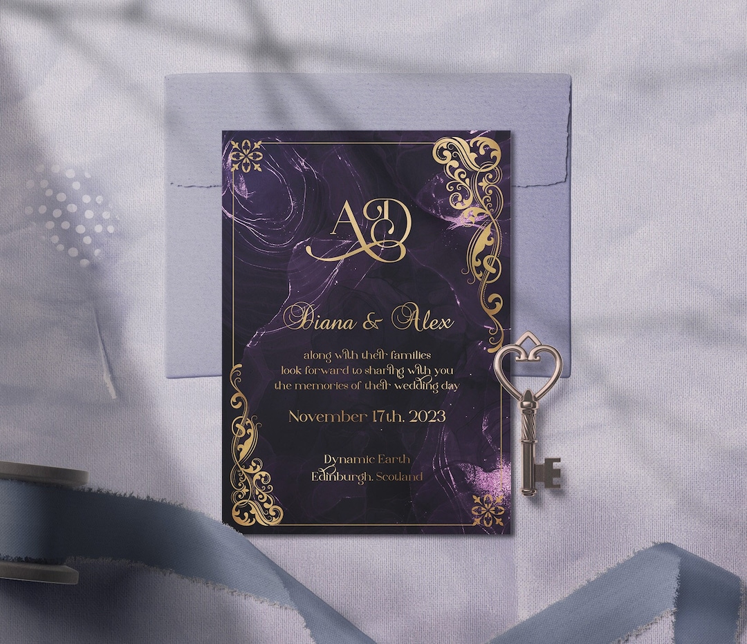 Royal Purple Invitation, Deep Violet Watercolor and Gold, Purple Marble ...