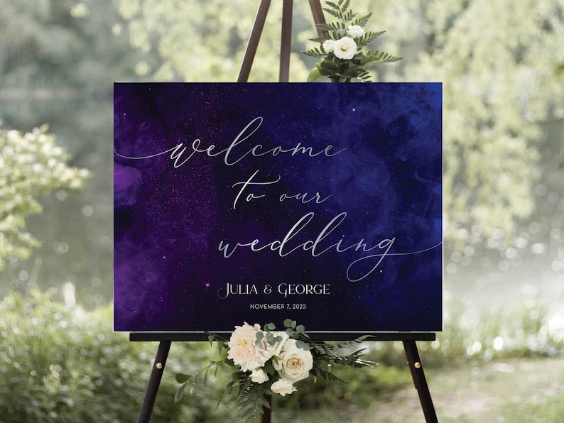Purple Welcome Sign, Starry Night Wedding Welcome, Purple Wedding Signs ...