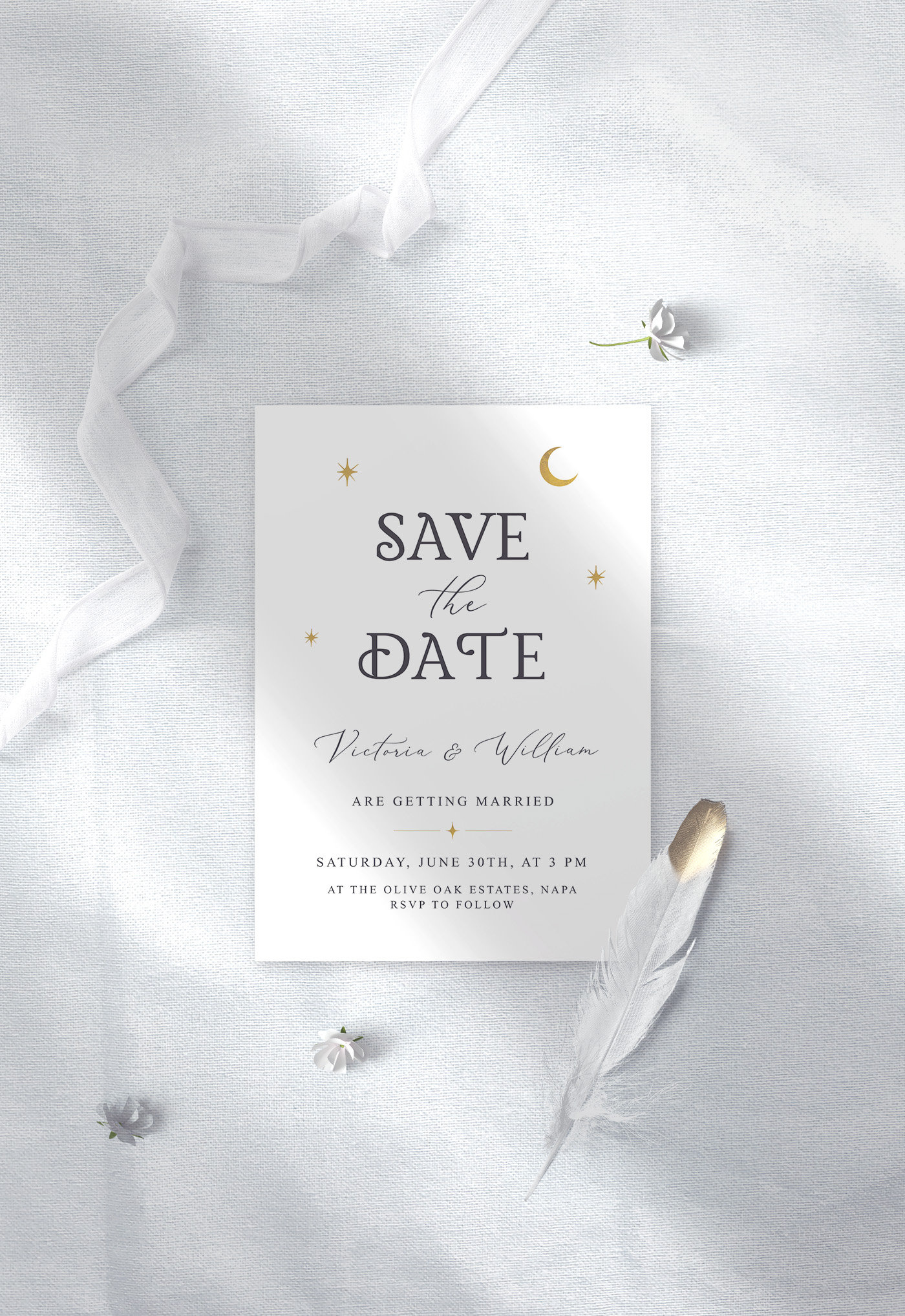 Minimal Celestial Save the Date, Under the Stars, Gold Stars and Moon ...