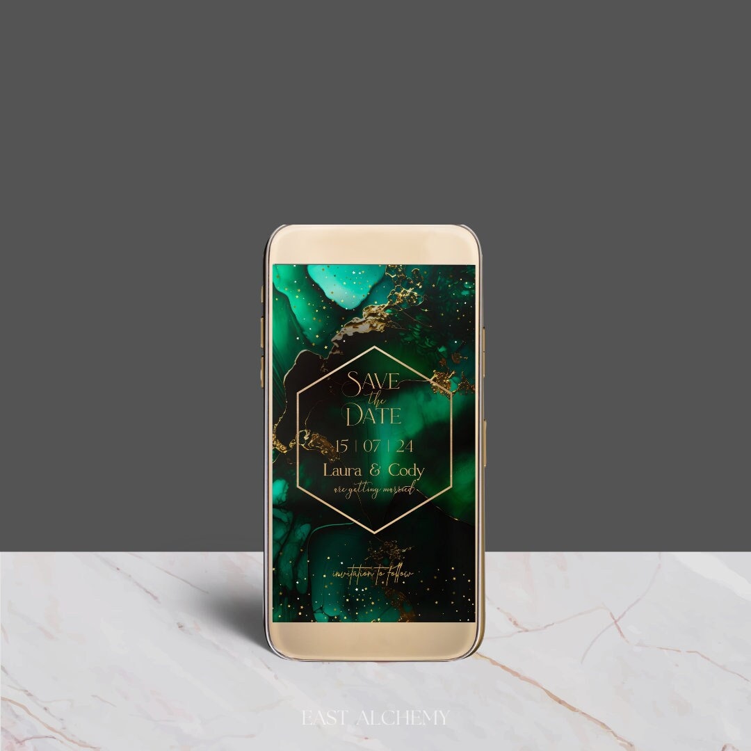Digital Emerald Invite, Green and Gold Save the Date, Jewel Tone Invitations, Emerald Green ...