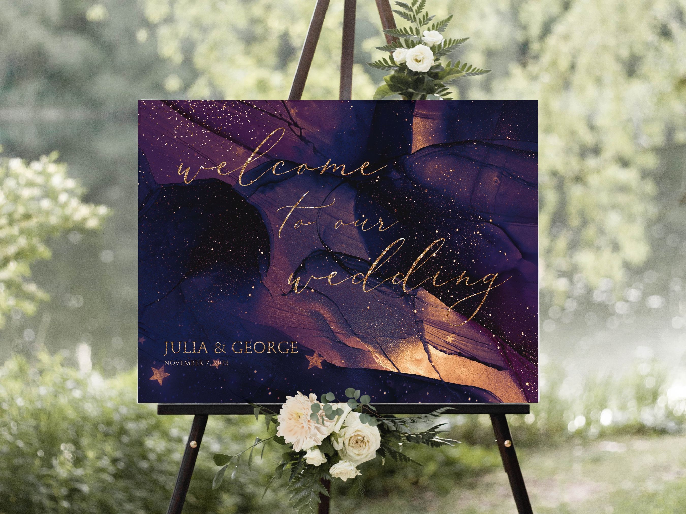 Abstract Galaxy Welcome Sign, Wedding Signs, Deep Purple Watercolor and ...