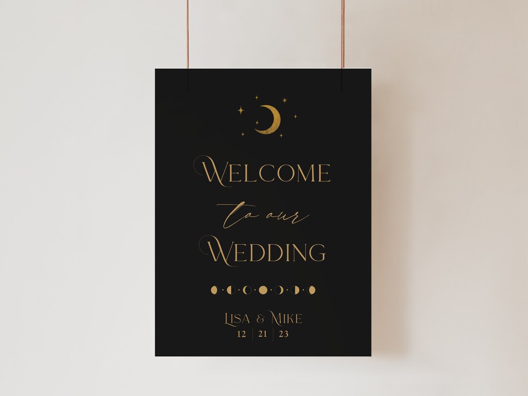 Black Celestial Welcome Sign, Black and Gold Wedding Welcome, Moon ...